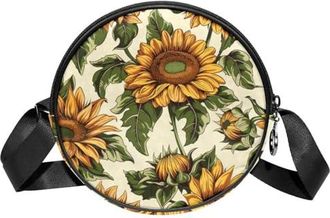 Generic Sac &agrave; bandouli&egrave;re rond pour femme, petit sac &agrave; bandouli&egrave;re vintage tournesol avec fermeture &eacute;clair, bretelles r&eacute;glables, sac &agrave; main rond d&eacute;contract&eacute; p