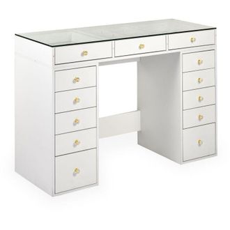 Menzzo Coiffeuse moderne avec 13 tiroirs et plateau en verre transparent L120cm Probeauty Blanc