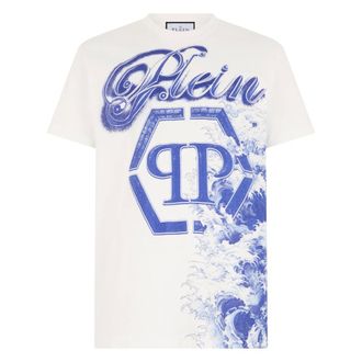 Philipp Plein Homme, Tops, Blanc, Taille: XS T-Shirt Col Rond Signature C&eacute;ramique