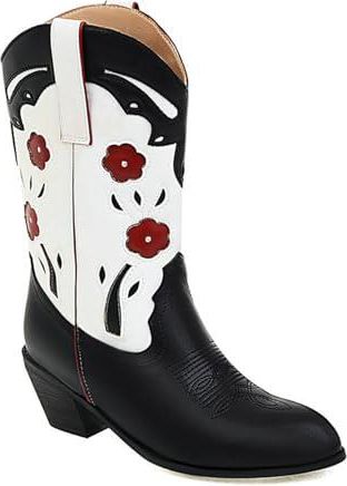 Generic Noir,36 EU,Bottes Hautes Colorblock pour Femmes, col en V, à Enfiler, Bottes Longues à Mollet Large, Talons épais brodés Vintage, Chaussures habillées