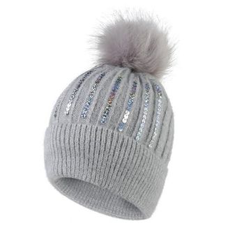 Generic M&uuml;Tze Bonnet dhiver pour femme avec pompon en fourrure synth&eacute;tique et bandes &agrave; paillettes pour femme et adolescente, 01 gris, taille unique