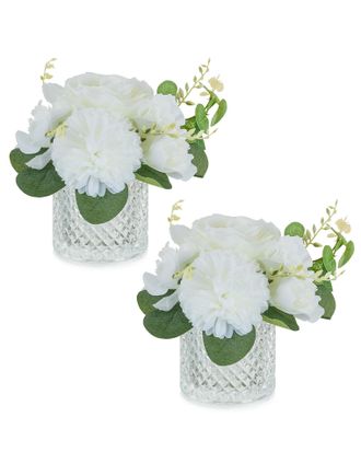 Nuptio Kleine K&uuml;nstliche Blumen in Vase: 2 St&uuml;ck Wei&szlig; Fake Seidenblumen mit Glas Vasen f&uuml;r Wohnzimmer Tischdeko - Dekoblumen Kunstblumen Rosen Mittelst&uuml;ck f&uuml;