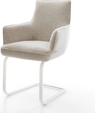 DELIFE Freischwinger Heira-Flex mit Armlehnen Webstoff Soft Beige Freischwinger flach Wei&szlig; Taschenfederkern, Esszimmerst&uuml;hle