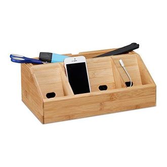 Relaxdays Bambus H x B x T: ca. 11 x 30 x 17,5 cm inklusive Handyhalter auch als Ladestation Aufbewahrungsbox Büro mit 5 Fächern, Natur Schreibtisch-Organizer, 