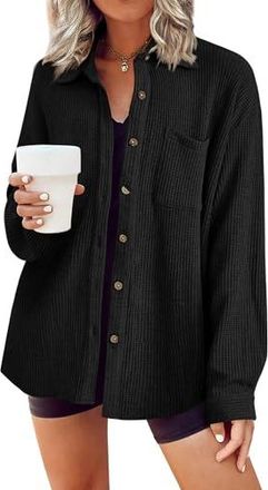 Zeagoo Chemise pour Femme Hauts en Maille Gaufr&eacute;e pour Femme Couleur Unie Chemise &Eacute;l&eacute;gante Col en V Tunique Manches Longues avec Boutons Blouses D&eacute;contract&eacute;e
