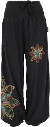 Guru Shop Guru-Boutique, Pantalon de Harem &agrave; Taille Large Avec Broderie Florale, Noir, Ducoton, Size:L/XL (44), Pantalon de Harem Pantalon Sarouel