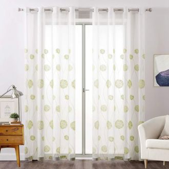 Miulee Vorhänge mit Florales Stickerei, Gardinen Weiß mit Grün Muste für Wohnzimmer, Schlafzimmer Vorhang Transparent mit Ösen, 2er Set Voile Blumen Durchsic