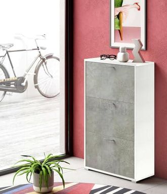 Dmora Schuhregal Peonia, Mehrzweck-Eingangsmöbel mit 3 Falttüren, Schuhschrank mit doppelter Tiefe, 100 % Made in Italy, 67 x 28 x 112 cm, Weiß und Zement