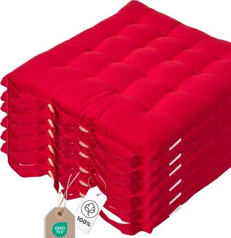 Homescapes 6er Set Stuhlkissen 40x40 cm rot - Sitzkissen Outdoor/Indoor mit Baumwollbezug, Sitzpolster waschbar und Oeko-TEX-Zertifiziert für Esszimmer-, Küchen-