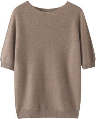 Generic Pull en cachemire à manches courtes et col rond pour femme, Marron et gris., XXL