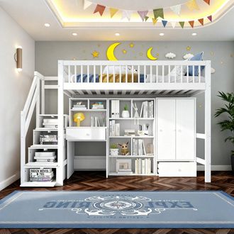 Generic Multifunktionales Kinderbett mit Schreibtisch, Treppe, Schließfächern und Kleiderschrank, 90x200 cm Einzelbett in Weiß aus Massivholz und MDF, ohne Ma