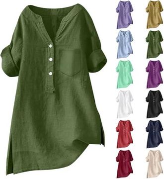 Generic T-shirt long décontracté pour femme - Pour leggings - Manches courtes - Col en V - Chemisier long en coton et lin - Chemisier tunique - Robe chemisier