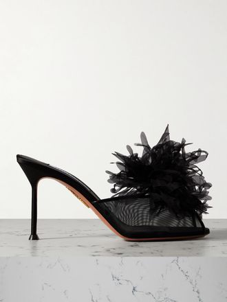 Aquazzura Mules En R&eacute;sille, Organza Et Cuir &Agrave; Ornements Po&egrave;me 85 - Noir
