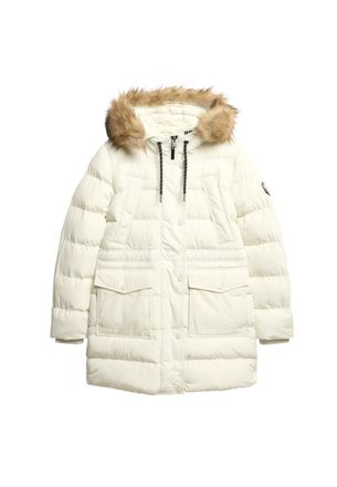 Superdry Damen Mittellanger Everest Steppmantel mit Kunstfellbesatz Wollweiß 40