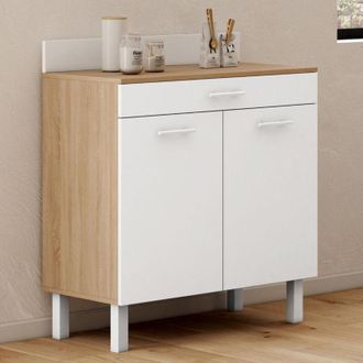 IDMarket Buffet bas de cuisine 80 cm CINA plan de travail H.83 cm 2 portes + tiroir fa&ccedil;on h&ecirc;tre et blanc