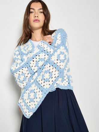 Apricot Cardigan Handgestrickte Strickjacke mit H&auml;kelquadraten