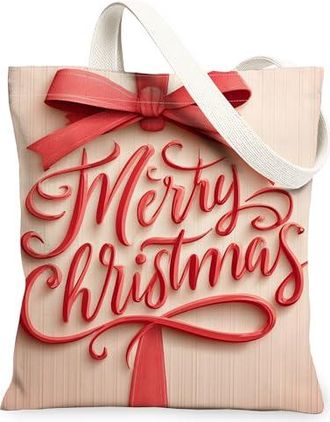 Generic Sacs fourre-tout en toile avec inscription de No&euml;l, motifs festifs, sacs d&eacute;picerie r&eacute;utilisables, &eacute;l&eacute;gants, l&eacute;gers et lavables, beige, 13x15 Inch