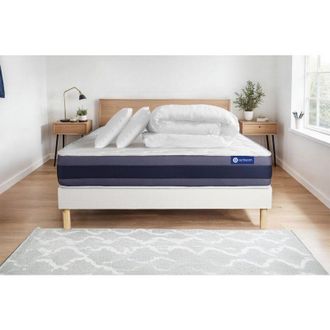 Actisom Komplettpaket Bett - Matratze 180x200 cm + Boxspringbett mit Lattenrost (im Set) + 2 Kopfkissen + Bettdecke - Actilatex Morpho