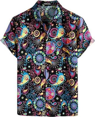 PARKLEES Chemise en coton et lin pour homme, motif vintage années 70, style ancien, chemise décontractée à manches courtes boutonnée rétro, multicolore, 3XL