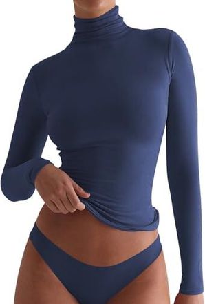 Generic Haut &agrave; manches longues et col montant pour femme, extensible, coupe ajust&eacute;e, col roul&eacute; thermique pour superposition, travail, voyage, gym | Doux et re