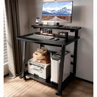 Generic Schreibtisch, Computertisch, mobiler Arbeitsplatz mit Rollen, kompakter Computertisch, doppelstöckiger Schreibtisch, inklusive Ablagefach, einfacher G