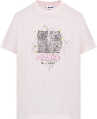 Ganni T-Shirt mit Katzen-Print - Rosa