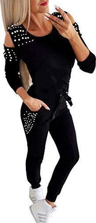 ORANDESIGNE Femmes Surv&ecirc;tement Mode 2 Pi&egrave;ces Ensemble Femmes Costume de Sport Perl&eacute; Pull Sweat Pantalon Long Jogging Costume Sportswear Sports Yoga Tenue X Noir L