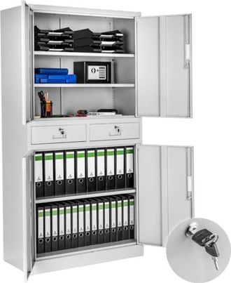 TecTake Armoire de Rangement Metal Armoire de Bureau avec Serrure 4 Portes battantes et 2 tiroirs verrouillables pour Rangement Dossier, 80 x 40 x 180 cm - Gr