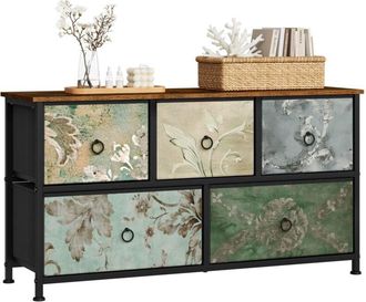 Woltu Commode Chambre Woltu Meuble de Rangement, Commode 5 Tiroirs en Tissu,,Armoire &agrave; 2 Niveaux en Bois dIng&eacute;nierie, Cadre en M&eacute;tal, Gris Tourterelle +