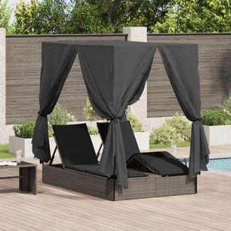 vidaXL Vidaxl - Transat double avec toit et rideaux en poly rattan gris