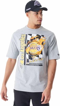 New Era NBA Flame Print Oversized T-Shirt Los Angeles Lakers Heather Grey Yellow