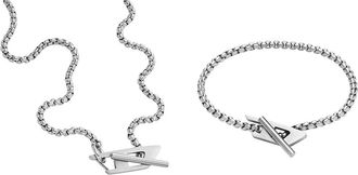 Diesel Herrenhalsband und -armband, silberfarbener Edelstahl, Set