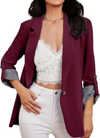 Generic Blazers pour femme - Blazer décontracté ouvert sur le devant - Cardigan habillé à manches réglables - Veste à un bouton avec poches pour femme, bordea