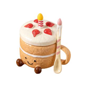 Generic Neuartige Kaffeetasse - Keramiktassen mit Deckel und L&ouml;ffel, &auml;sthetische Teetasse in Kuchenform | lustige Kaffeetasse f&uuml;r Frauen | Tassen f&uuml;r Geburtst