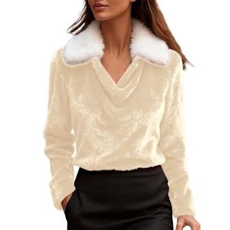 Generic Pull de Noël pour femme UK 2025 - Col rabattu - Manches longues - Hiver - Tendance - Décontracté - Doux et confortable - Coupe ample, beige, M