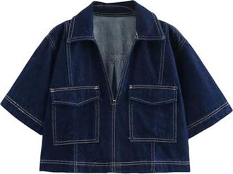 Generic Haut court en jean &agrave; col en V pour femme, chemise d&eacute;t&eacute; Y2k pour sortir, coupe ample, manches courtes et col, Haut bleu fonc&eacute;, M