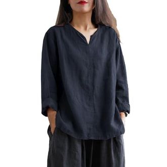 Generic Chemisier d&eacute;contract&eacute; en coton et lin pour femme - Couleur unie - Coupe d&eacute;contract&eacute;e - Tunique ample et confortable - Chemisier &eacute;l&eacute;gant &agrave; manches long