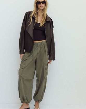 Stradivarius blouson style motard oversize en imitation cuir marron