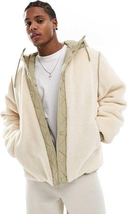 Asos Teddyfell-Jacke in Ecru mit khaki Besatz und Kapuze-Neutral