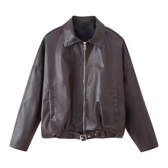 Generic Veste surdimensionn&eacute;e en cuir synth&eacute;tique pour femme - Style vintage - Avec ceinture &agrave; revers et fermeture &eacute;clair - Manches longues - Style d&eacute;contract