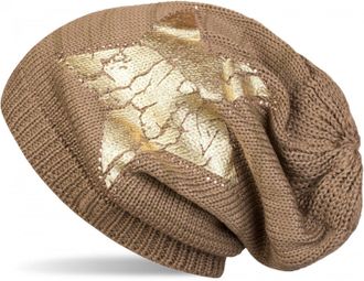 styleBREAKER Strick Beanie Mütze mit Vintage Stern Print und Strass Rand, Strickmütze mit Streifen Muster, Unisex 04024083, Farbe:Braun/Gold