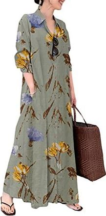 ORANDESIGNE Robes Longues Col en V Manches Longues Maxi Robes Longues décontractées à Manches Longues pour Femmes avec Poches B Vert XXL