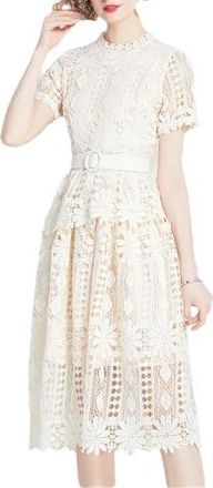 Generic Robe de soir&eacute;e d&eacute;contract&eacute;e en dentelle au crochet pour femme avec ceinture ajour&eacute;e et taille haute, beige, S