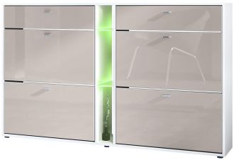 Vladon Schuhschrank Schuhkipper Today 155,5 x 95 x 28 cm, mit RGB LED Beleuchtung, Made in Germany, Korpus in Wei&szlig; matt, Fronten in Sandgrau Hochglanz