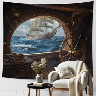 Generic Segelschiff-Wandteppich, nautischer brauner Wandbehang, Vintage-Meereslandschaft, &auml;sthetisch f&uuml;r Schlafzimmer, Wohnzimmer, Urlaubsdekoration, 203 x 15