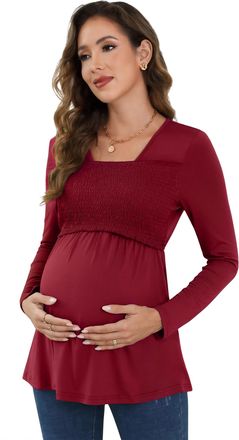 KOJOOIN Stillshirt Damen Langarm Schwangerschaftsshirt Umstandsshirt Oberteile Umstandstops Weinrot XXL