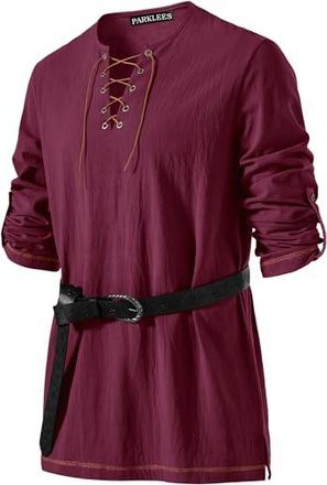 PARKLEES Chemise pour homme m&eacute;di&eacute;vale viking pirate d&eacute;guisement vintage renaissance Halloween, bordeaux, M