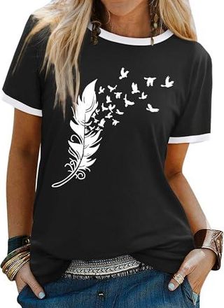Dresswel T-shirt &agrave; manches courtes et col rond pour femme - Motif colombe de la paix et plumes, 2A - Noir, XL