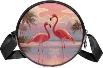 Generic Petit sac &agrave; bandouli&egrave;re circulaire pour femme, esth&eacute;tique, flamant rose, palmiers, ciel, petit sac &agrave; dos &agrave; bandouli&egrave;re avec fermeture &eacute;clair, bretelle