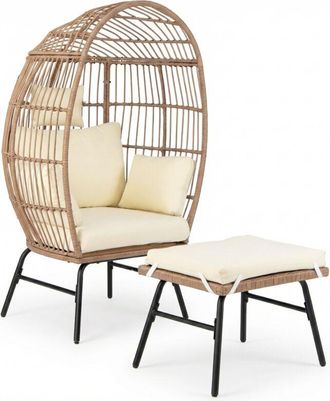 Costway Fauteuil OEuf en Rotin PE avec Ottomane, Chaise dInt&eacute;rieur et dExt&eacute;rieur avec Coussins et Oreillers, Repose-pieds, pour Balcon, Porche, Salon